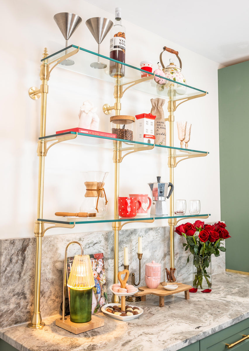Customizable Bistro Shelving | Cantilever Shelving - Brass Hardware